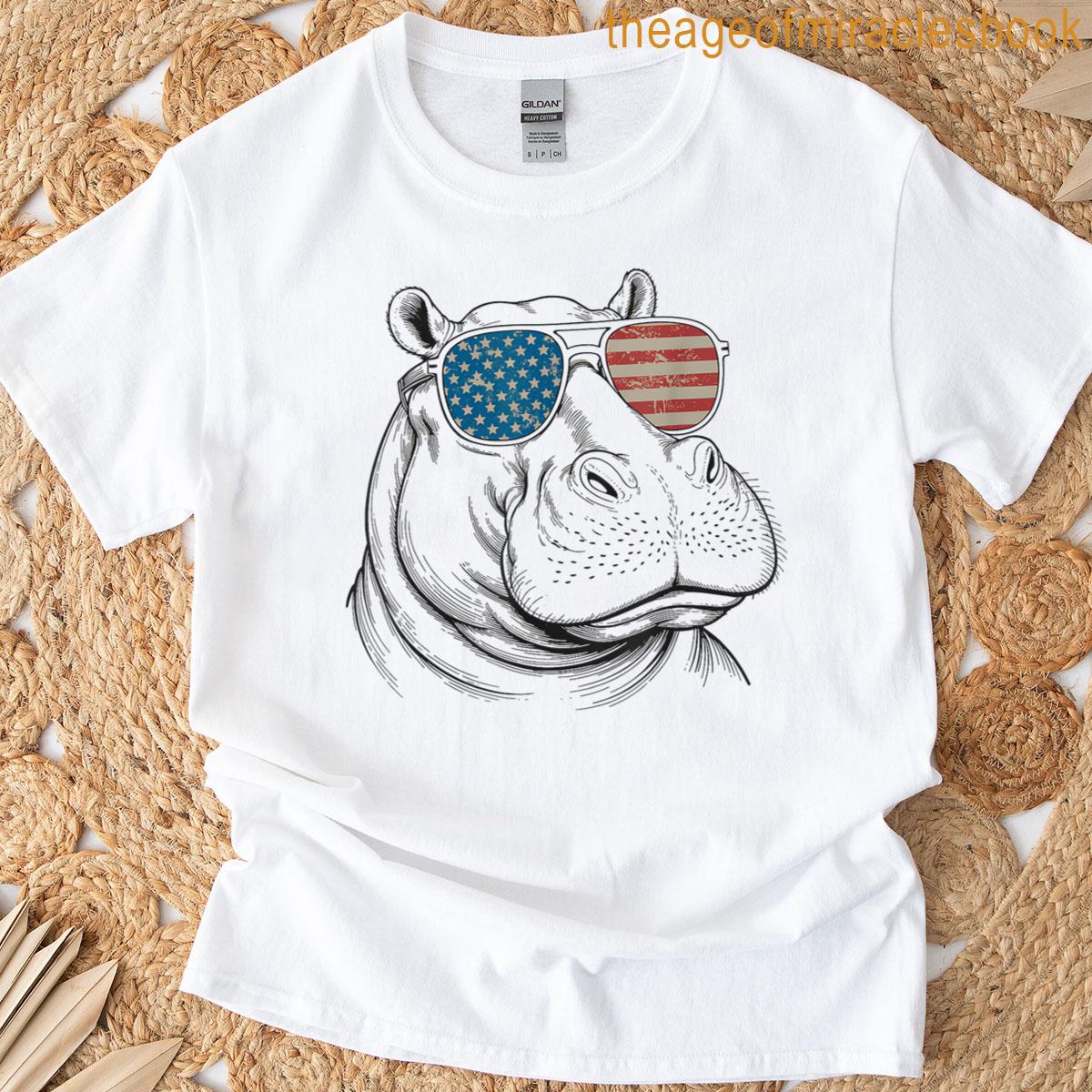 Vintage Hippopotamus 4th Of July America Usa Flag Men Women T-shirt