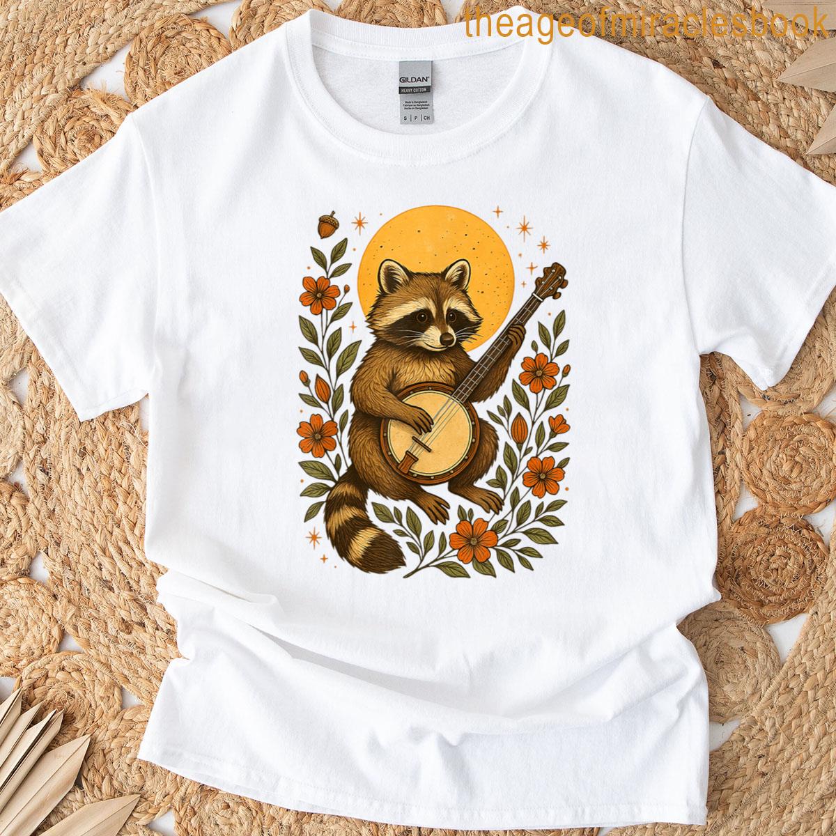 Cottagecore Aesthetic Raccoon Playing Banjo Under Full Moon T-shirt